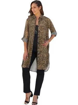 JESSICA LONDON Sheer Georgette Longline Tunic - Camel Mixed Animal