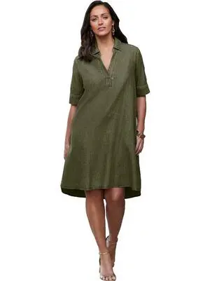 JESSICA LONDON Cuff Sleeve Denim Shirtdress - Dark Olive Green