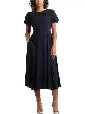 Chelsea28 Shirred Neck Puff Sleeve Midi Dress - Black