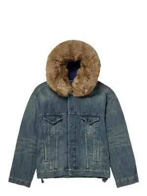 Balenciaga Plush-trimmed Hooded Denim Jacket - Blue