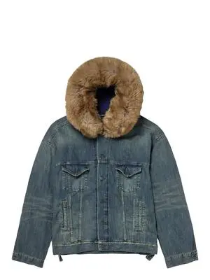 Balenciaga Plush-Trimmed Hooded Denim Jacket Navy