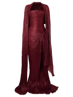 MARMAR HALIM Strapless Plissé Silk-satin Gown And Cape - Burgundy