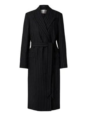 Acne Studios Belted Pinstriped Wool Coat - Black