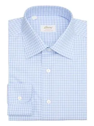 Brioni Ventiquattro Cotton Micro-plaid Dress Shirt Blue/white