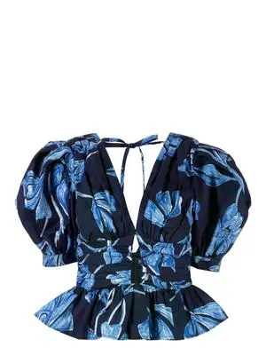 PatBO Nightflower Cotton Peplum Blouse - Blue