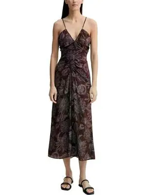 SESSUN Floral-print Gathered Midi Dress - Brown