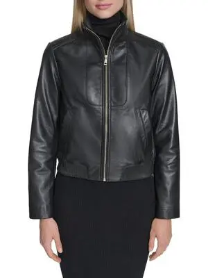 Cole Haan Stand Collar Leather Bomber Jacket - Black