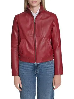 Cole Haan Stand Collar Leather Bomber Jacket Dark Red