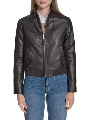 Cole Haan Stand Collar Leather Bomber Jacket - Deep Espresso