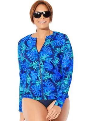 SWIMSUITS FOR ALL Chlorine Resistant Zip Up Long Sleeve Swim Rash Guard - Vibrant Palm Blue