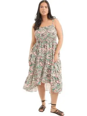 JUNE + VIE Tiered Smocked Midi Dress - Paisley Pink