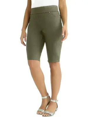 JESSICA LONDON Stretch Denim Bermuda Short - Dark Olive Green
