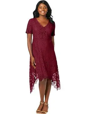 JESSICA LONDON Lace Handkerchief Dress - Rich Burgundy
