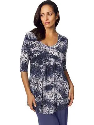 JESSICA LONDON Stretch Knit Pleated Tunic - Deep Dusk Print