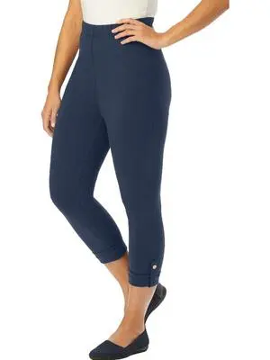 JESSICA LONDON Stretch Cotton Cuffed Capri Leggings Navy