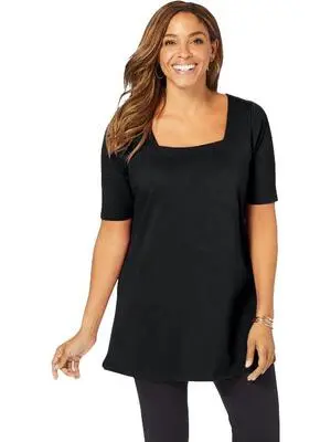 JESSICA LONDON Stretch Cotton Square Neck Tunic - Black