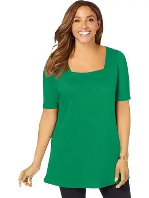 JESSICA LONDON Stretch Cotton Square Neck Tunic - Kelly Green