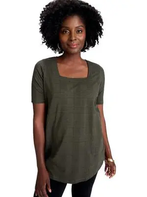JESSICA LONDON Stretch Cotton Square Neck Tunic - Olive Green Glen Plaid