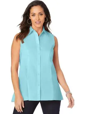 JESSICA LONDON Stretch Cotton Poplin Sleeveless Shirt - Light Aqua