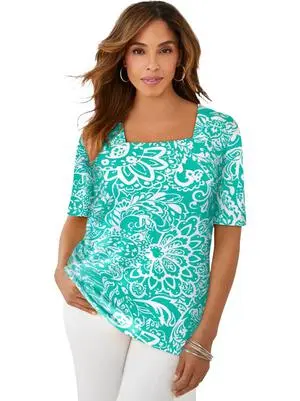 JESSICA LONDON Stretch Cotton Square Neck Tee Aqua Sea Scroll Medallion