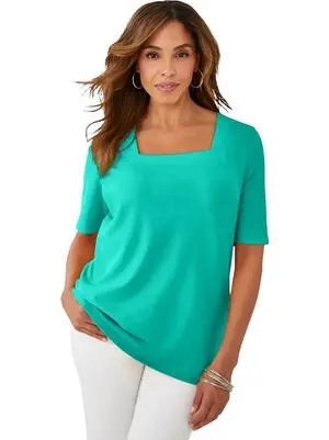JESSICA LONDON Stretch Cotton Square Neck Tee Aqua Sea