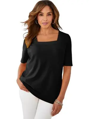 JESSICA LONDON Stretch Cotton Square Neck Tee Black