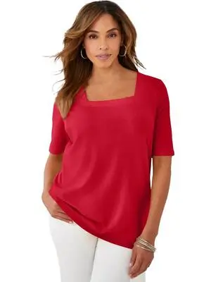 JESSICA LONDON Stretch Cotton Square Neck Tee Classic Red