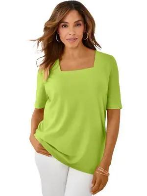 JESSICA LONDON Jessica London Stretch Cotton Square Neck Tee Dark Lime