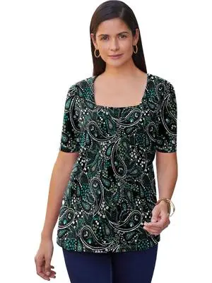 JESSICA LONDON Stretch Cotton Square Neck Tee Emerald Green Garden Paisley