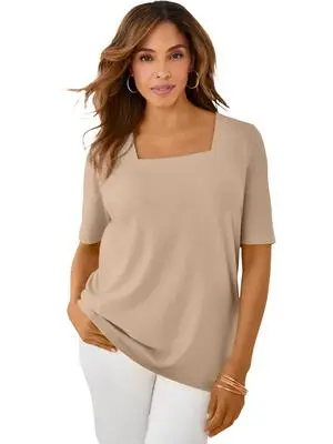 JESSICA LONDON Stretch Cotton Square Neck Tee New Khaki