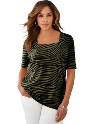 JESSICA LONDON Stretch Cotton Square Neck Tee Olive Drab Zebra