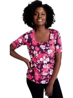 JESSICA LONDON Stretch Cotton Square Neck Tee - Pink Burst Graphic Floral