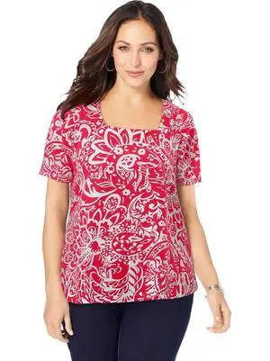 JESSICA LONDON Stretch Cotton Square Neck Tee Vivid Red Scroll Medallion