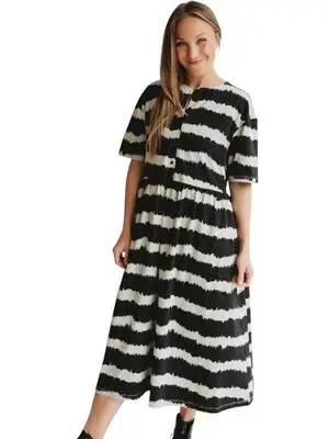 TURTLEDOVE LONDON Organic Cotton Matilda Wavy Stripe Midi Dress - Black