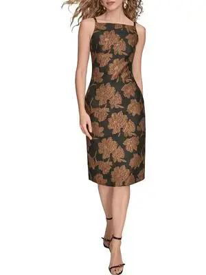 Donna Karan New York Metallic Floral Jacquard Sheath Dress - Black/vicuna