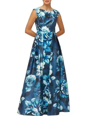 KAY UNGER Kate Floral Layered Mikado Gown - Dark Ink Multi