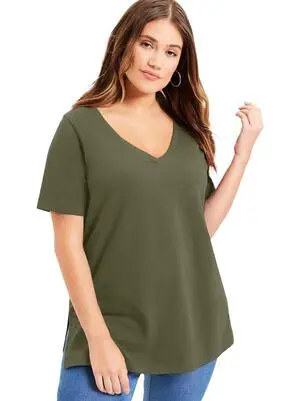 JUNE + VIE Short-sleeve V-neck Tunic - Dark Olive Green