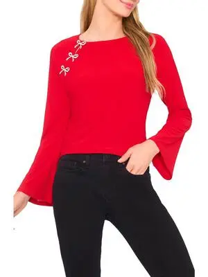 CECE DUPRAZ Pearly Bow Knit Top Luminous Red