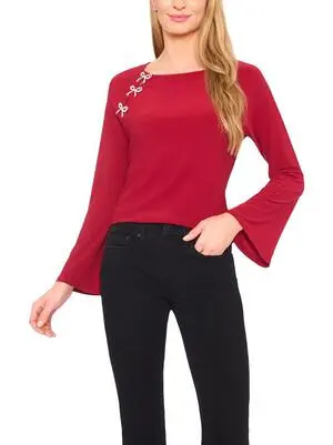 CECE DUPRAZ Pearly Bow Knit Top Mulberry Red