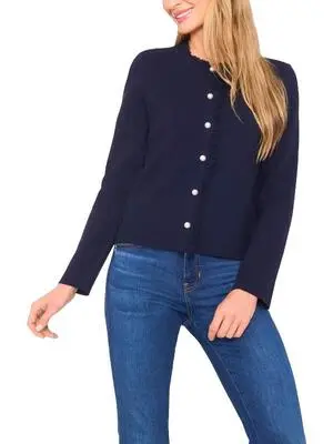 CECE DUPRAZ Fringe Trim Pearly Button Cardigan Classic Navy
