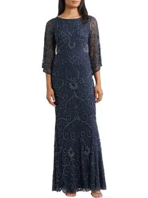 Pisarro Nights Beaded Three Quarter Sleeve Gown - Slate