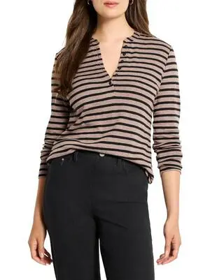 NIC+ZOE Stripe Long Sleeve Henley T-shirt - Brown Multi
