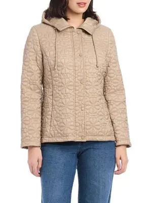 Kate Spade New York Water Resistant Hooded Floral Quilted Jacket - Timeless Taupe