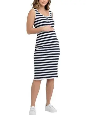 RIPE MATERNITY Lee Button Down Rib Dress - Navy/white