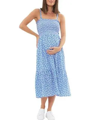 RIPE MATERNITY Capri Shirred Dress - White/lapis