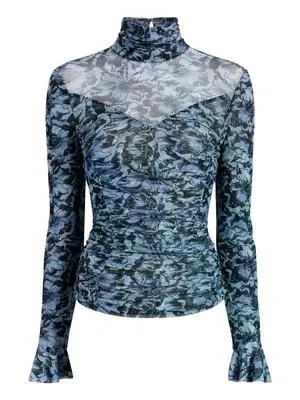 Cinq À Sept Floral-print High-neck Top - Blue