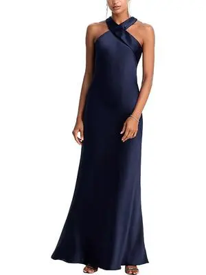 Aqua Sleeveless Satin Gown - Navy