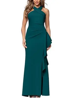 Aqua Scuba Ruffle Halter Gown Exclusive - Hunter