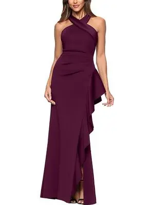 Aqua Scuba Ruffle Halter Gown Exclusive - Wine