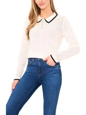 CECE DUPRAZ Pointelle Knit Polo Sweater - Antique White